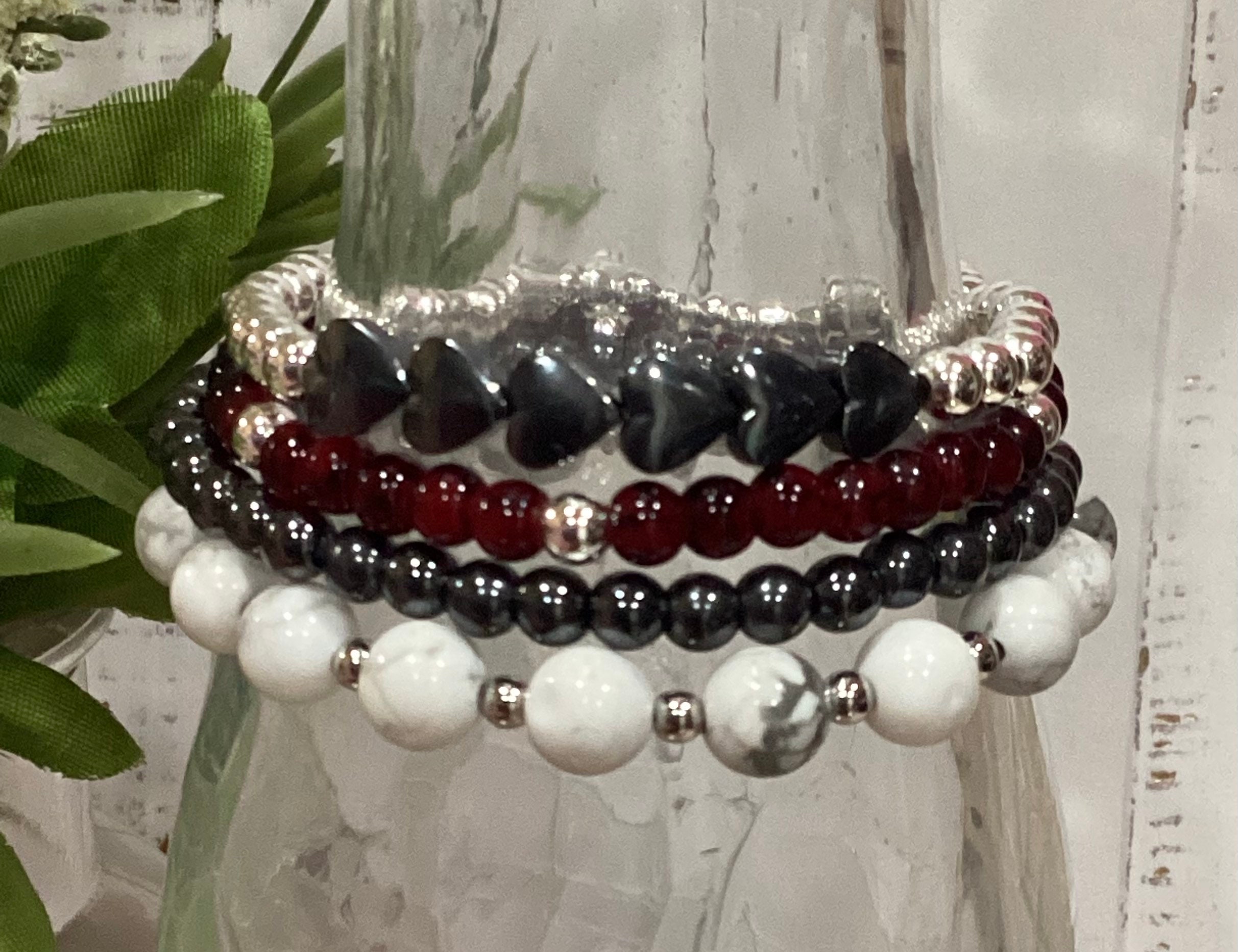 Elegant Heart Bracelet Stack, Heart Bracelet, Black Bracelet Stack ...