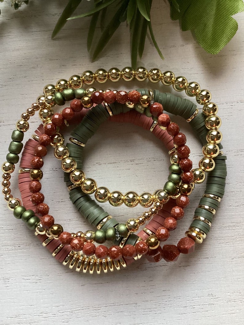 Goldstone Bead Bracelet Stack, Heishi Bead Bracelet Stack, Beaded ...