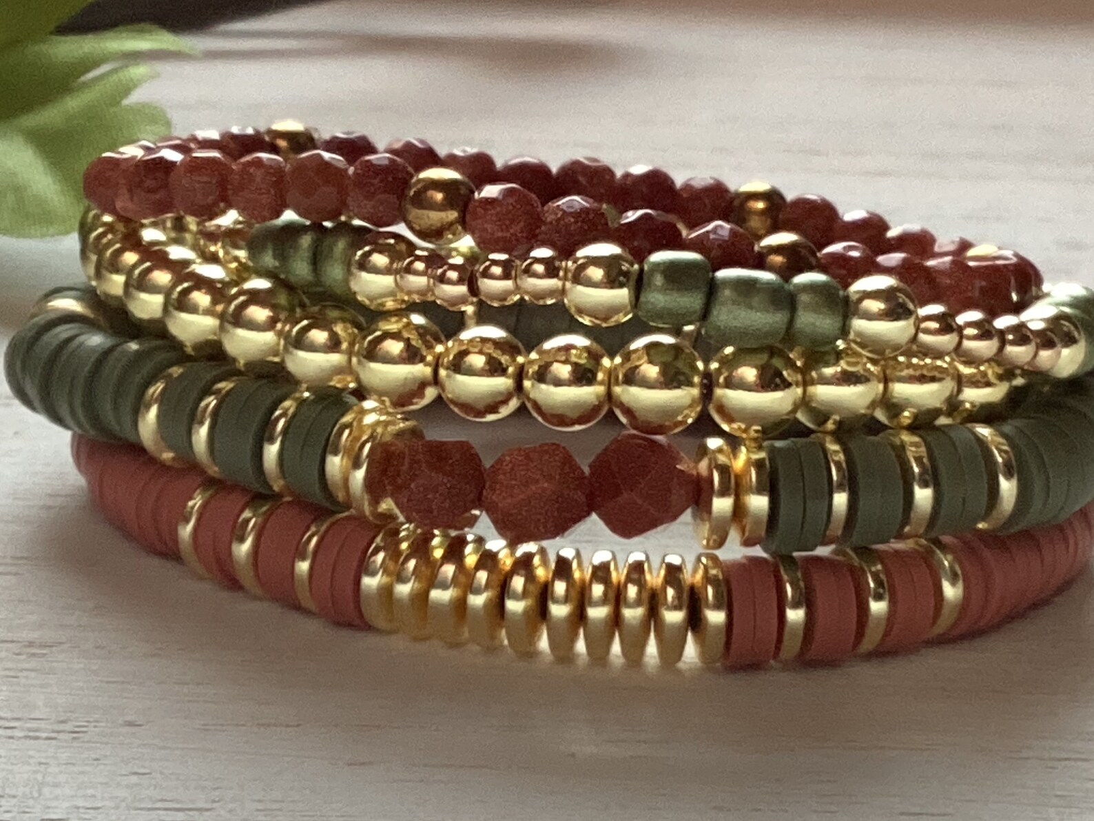 Goldstone Bead Bracelet Stack, Heishi Bead Bracelet Stack, Beaded ...
