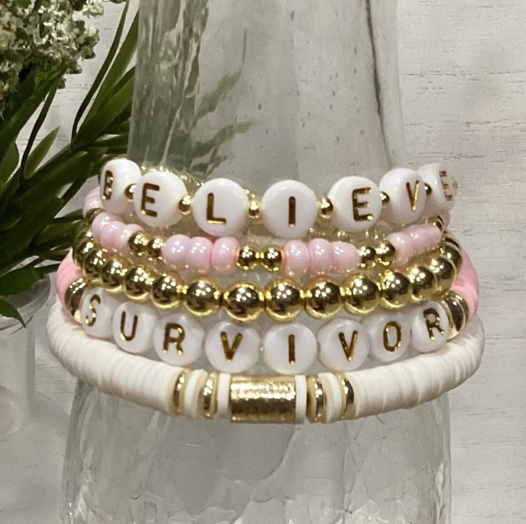 Breast Cancer Survivor Bracelet Stack, Heishi Bead Bracelet, Beaded ...