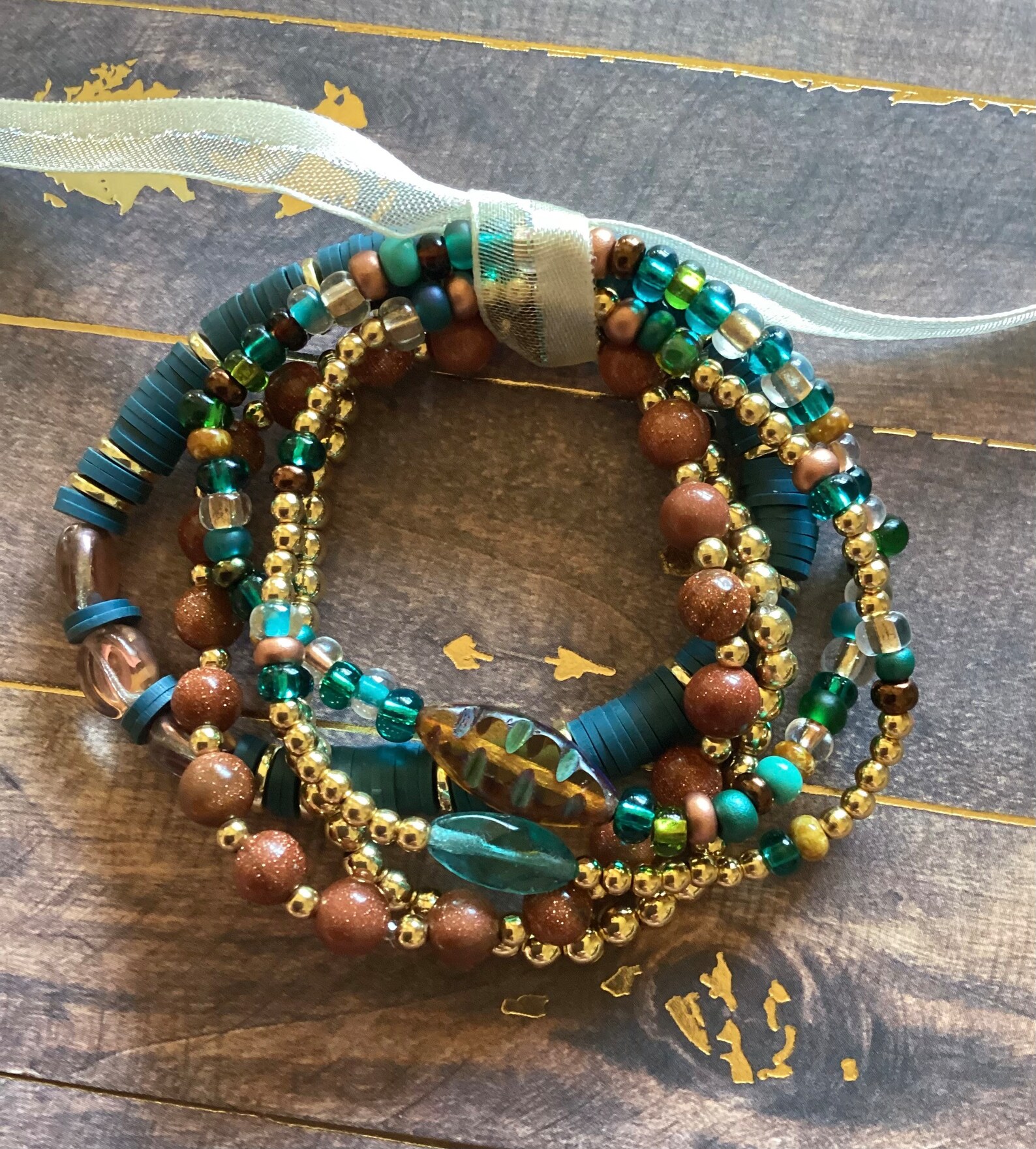Goldstone Bead Bracelet Stack, Teal Heishi, 14K Gold Plated, Boho ...