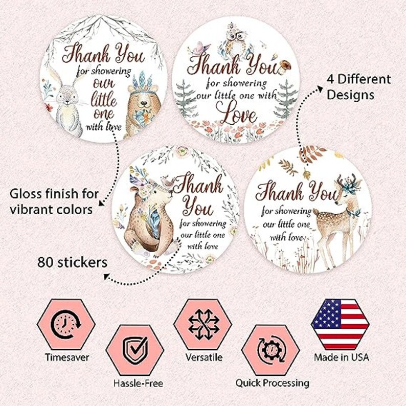 Woodland Animals Thank You Baby Shower Stickers - Set of 80 Party Favor ...