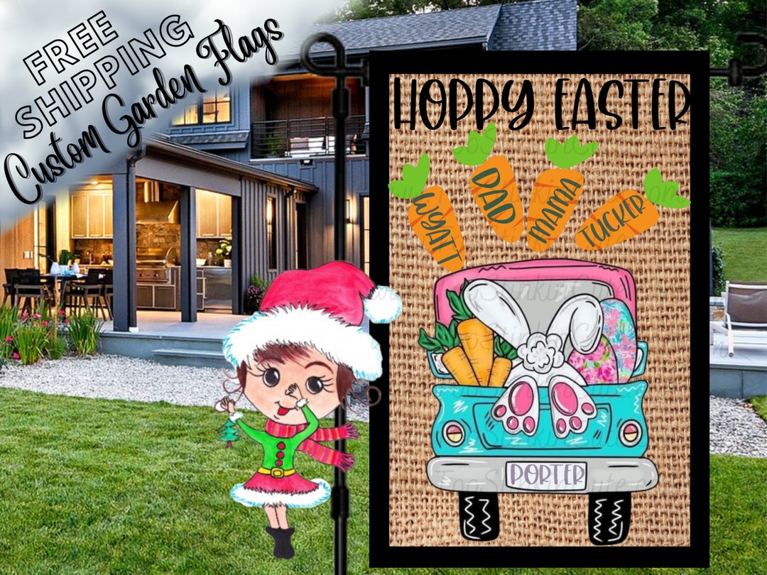 Personalized Burlap Easter Truck Garden Flag|family Garden Flag|easter ...