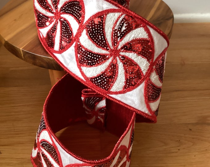 4” Red and White Peppermint Sequin Wired Ribbon, Red and White Glitter ...