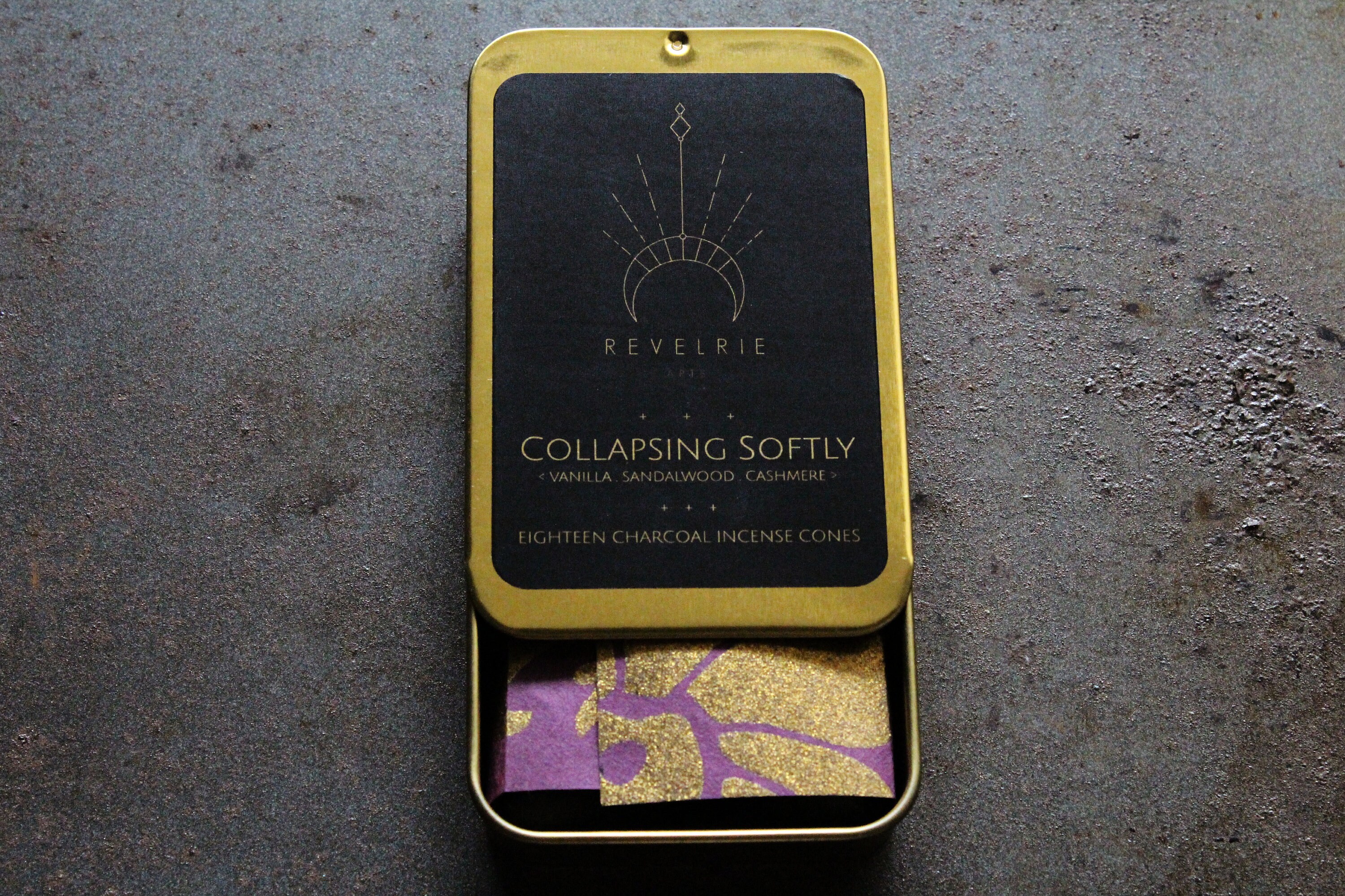 Collapsing Softly Charcoal Incense Cones in Gold Tin Eighteen Cones ...