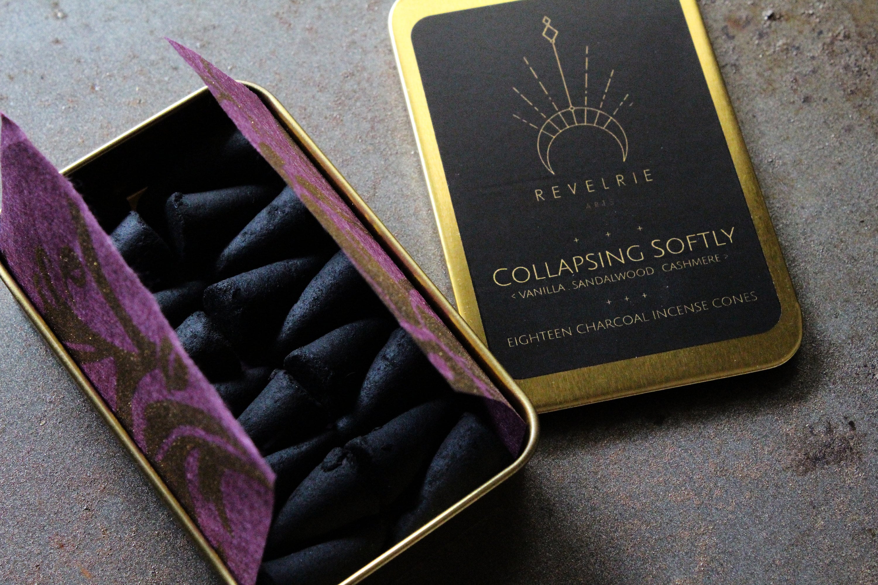 Collapsing Softly Charcoal Incense Cones in Gold Tin Eighteen Cones ...