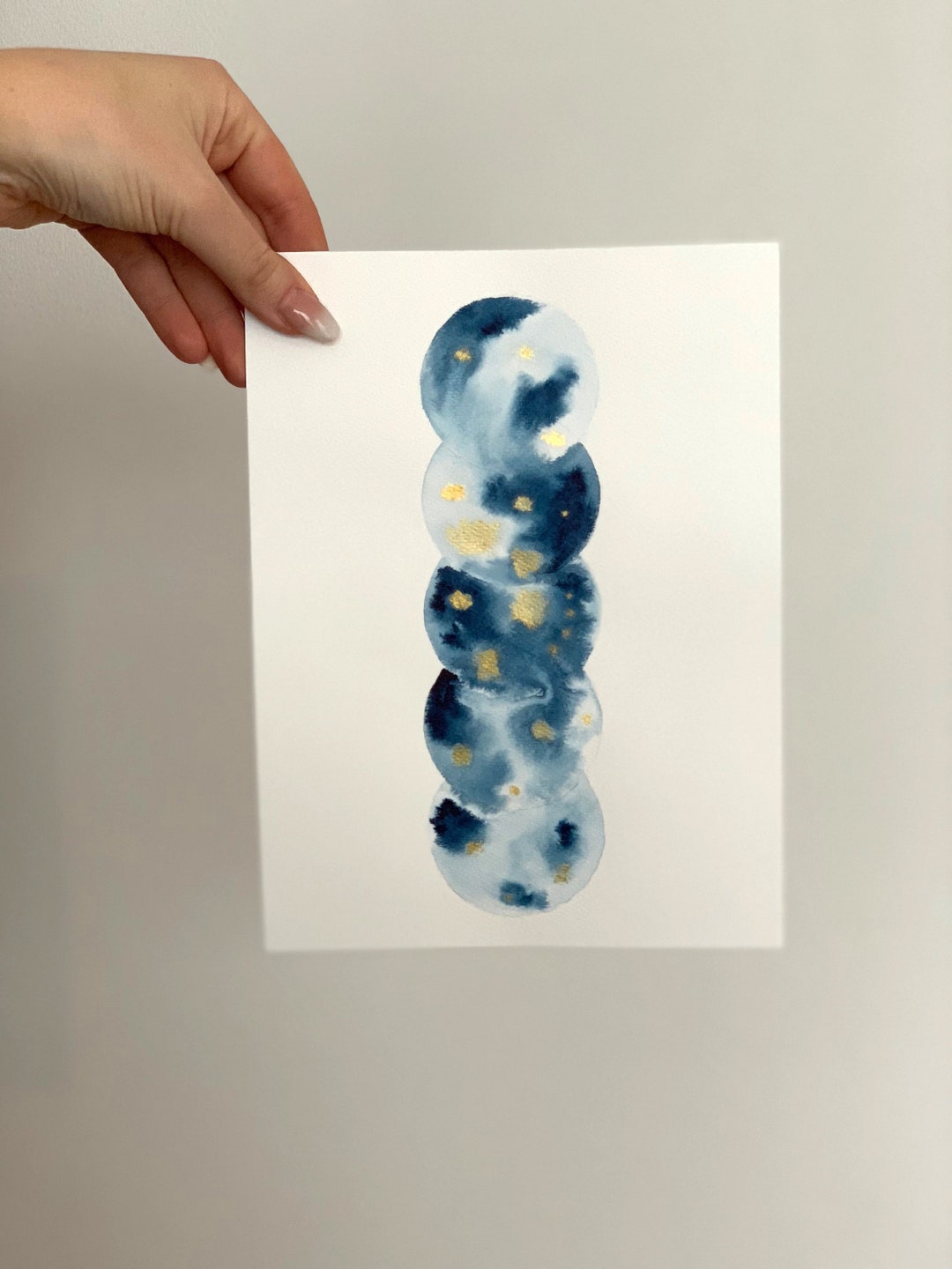 Five Moons Watercolor Moon Phases Indigo-gold Moon Art Original Moon ...