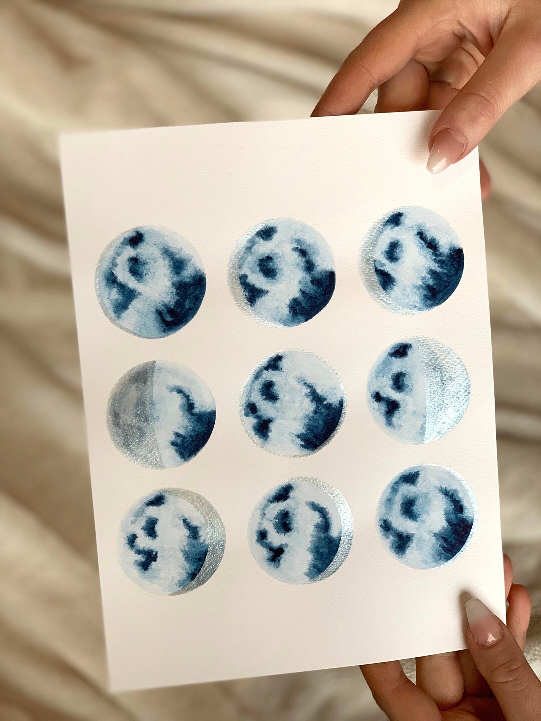 Original Moon Phases Indigo-silver Lunar Art Watercolor Full Moon ...