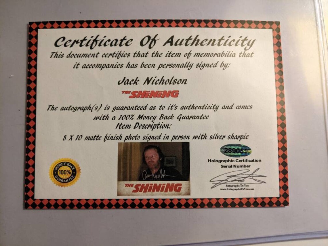 Jack Nicholson Original Signature Autograph the SHINING 8x10 Photograph ...