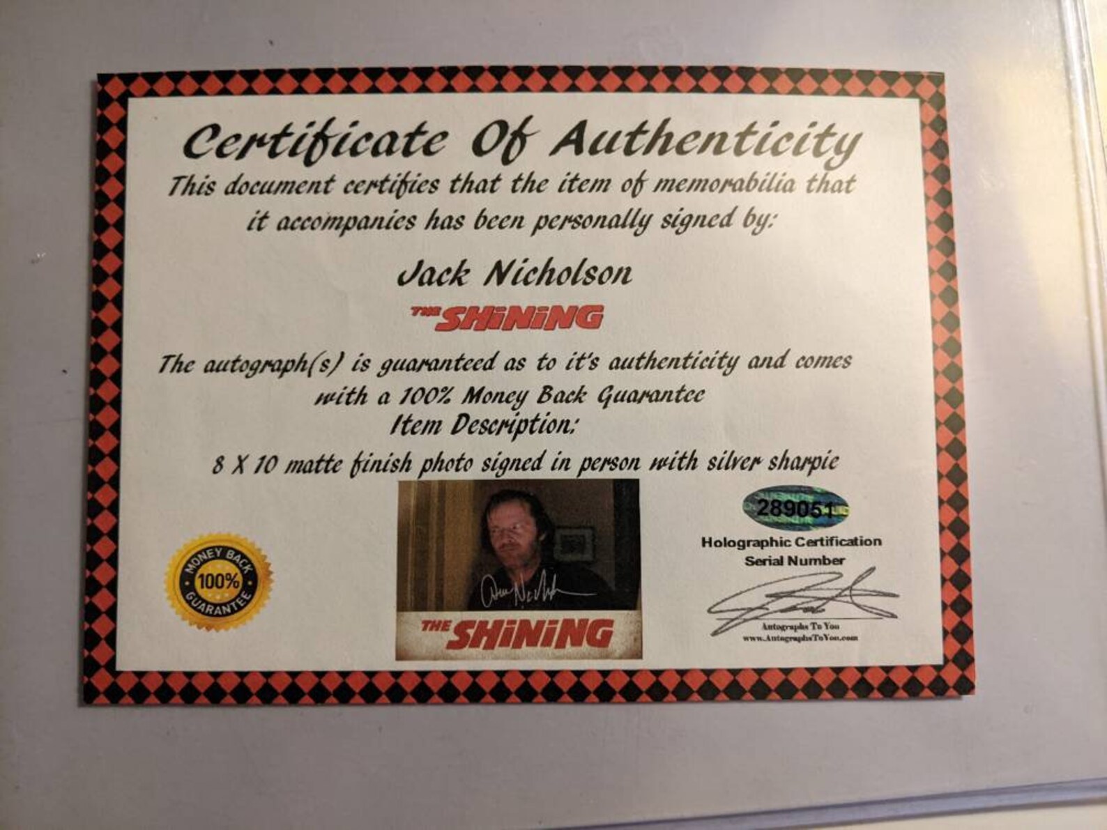 Jack Nicholson Original Signature Autograph the SHINING 8x10 Photograph ...