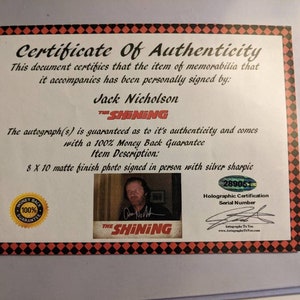 Jack Nicholson Original Signature Autograph the SHINING 8x10 Photograph ...