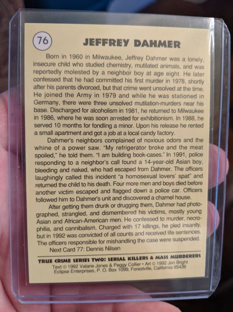 Vintage Jeffery Dahmer True Crime Series 2 Trading Card 1992 - Etsy
