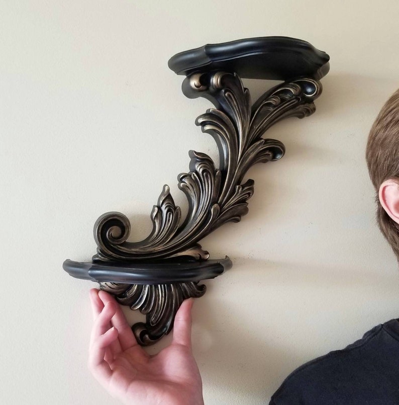 Gothic 2 Tier Wall Shelf | Black & Gold Baroque Scroll Shelf | Vintage ...