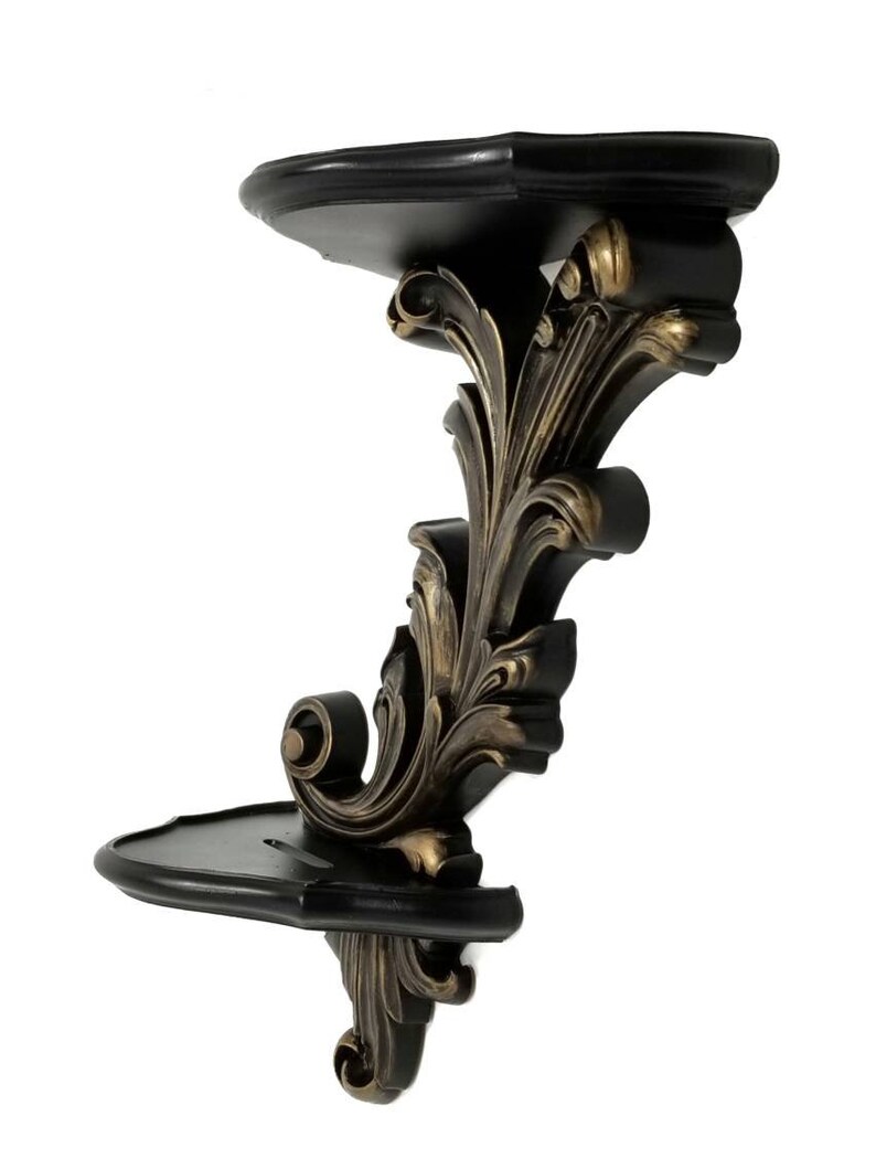 Gothic 2 Tier Wall Shelf | Black & Gold Baroque Scroll Shelf | Vintage ...