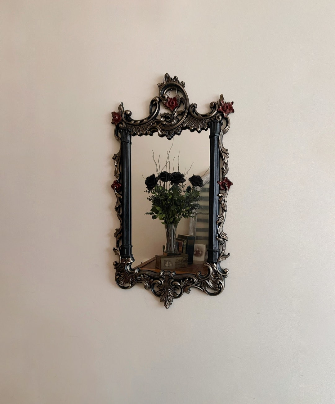 Gothic Wall Mirror | Ornate Floral Frame | Black & Ruby Victorian Decor ...