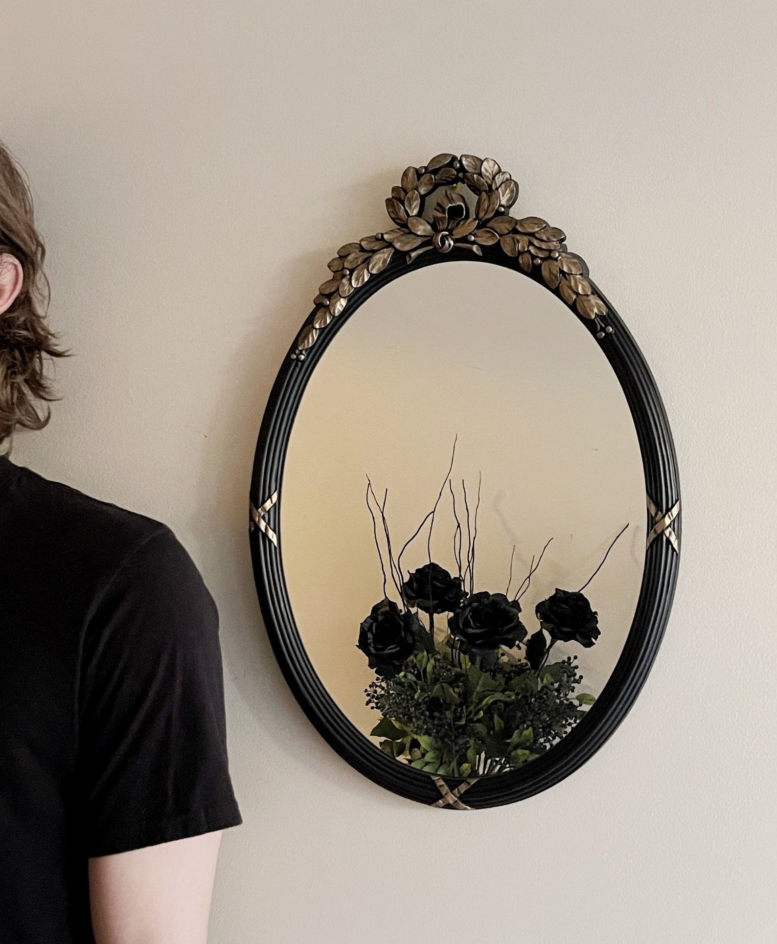 Victorian Gothic Oval Mirror | Black & Gold Frame With Bow | Ornate ...