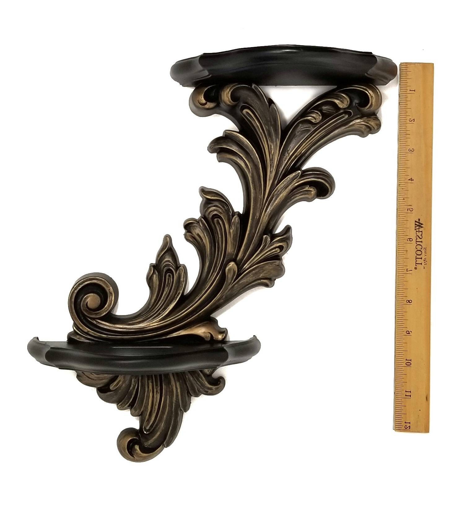Gothic 2 Tier Wall Shelf | Black & Gold Baroque Scroll Shelf | Vintage ...