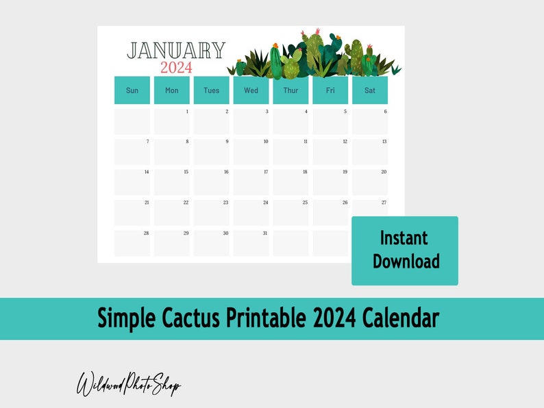 Cactus Printable 2024 Calendar, Printable Calendar, 2024 Calendar ...