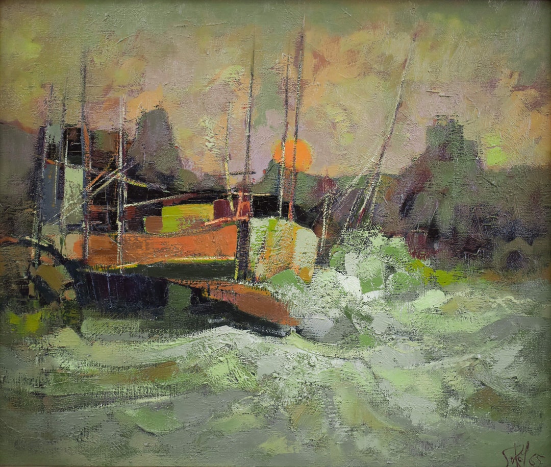 Vintage Oil Painting Coastal Landscape at Dawn With Sailboats by ...