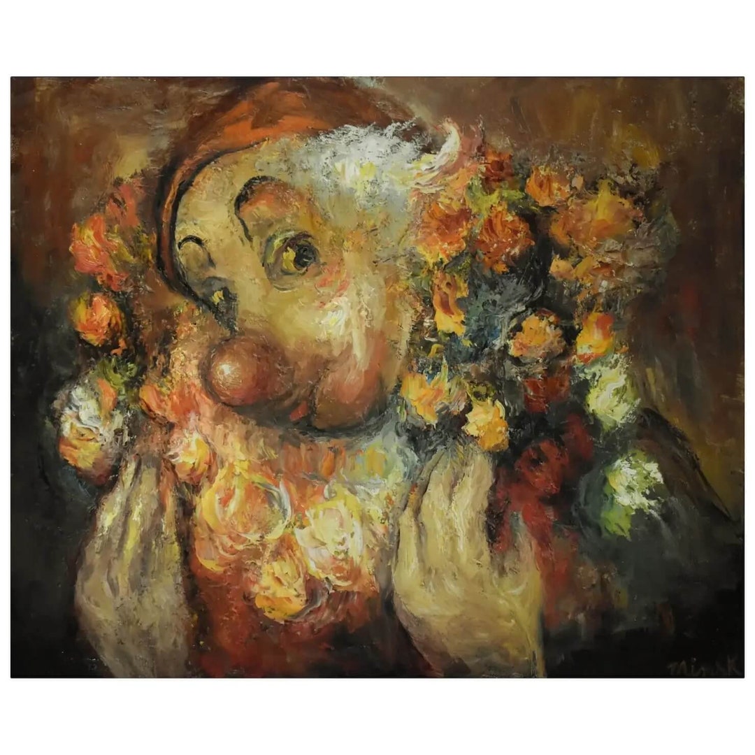 Vintage Oil Painting Clown With Roses Expressionist Art Circa 1970 ...