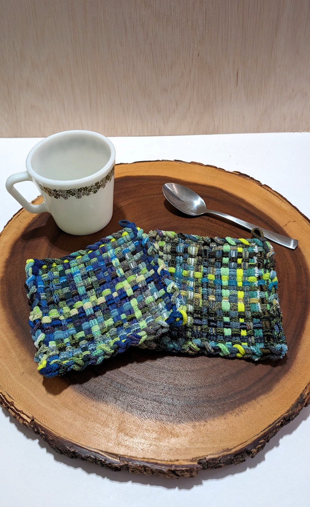 Green and Blue Square Handmade Loom Woven Potholder Gift Set Trivet ...
