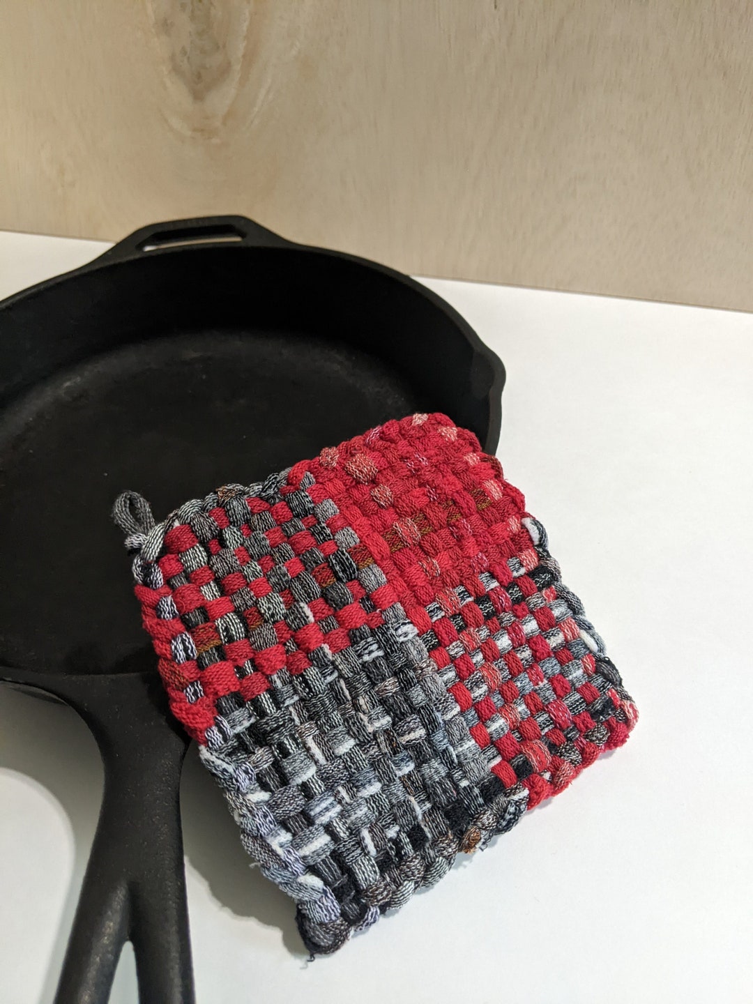Square Red and Gray Handmade Loom Woven Potholder, Trivet, Hotpad, Oven ...