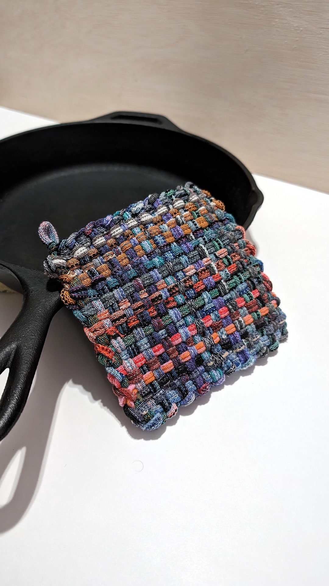 Square Blue and Orange Handmade Loom Woven Potholder, Trivet, Hotpad ...