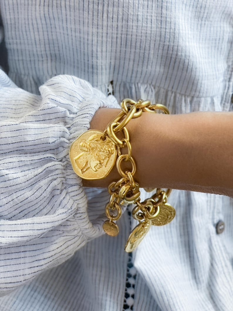 Chunky Gold Charm Bracelet With Coins, Statement Thick Chain Bracelet ...