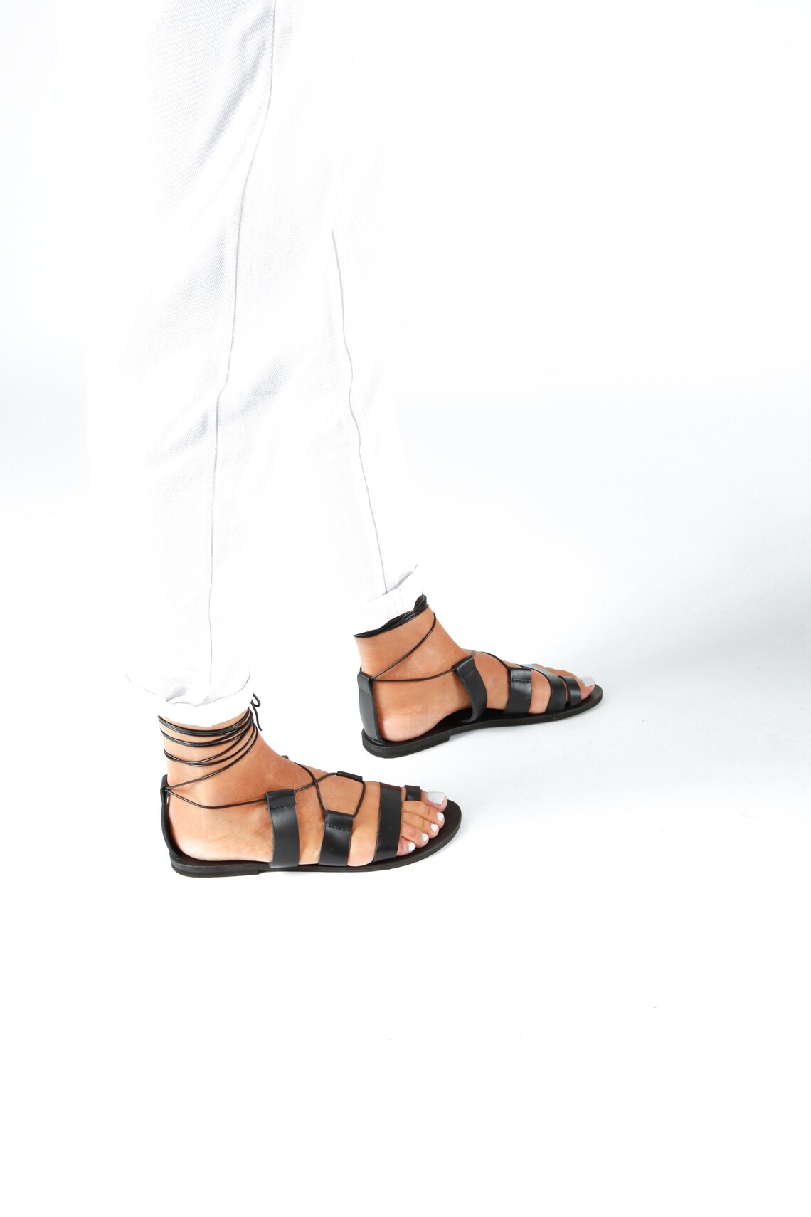 NEFELI Black Greek Leather Sandals Lace up Gladiator - Etsy