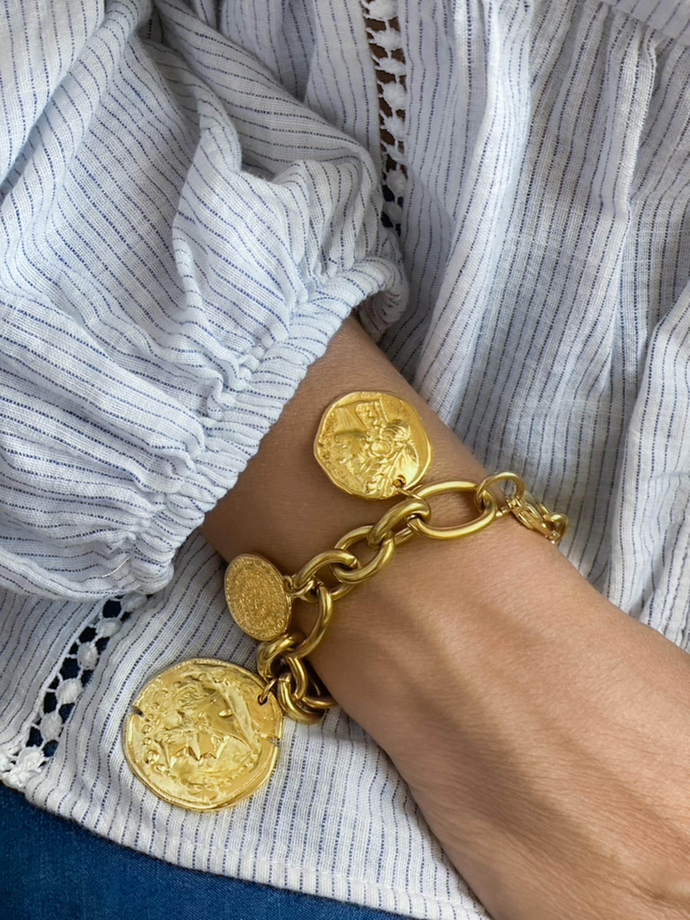 Chunky Gold Charm Bracelet With Coins, Statement Thick Chain Bracelet ...