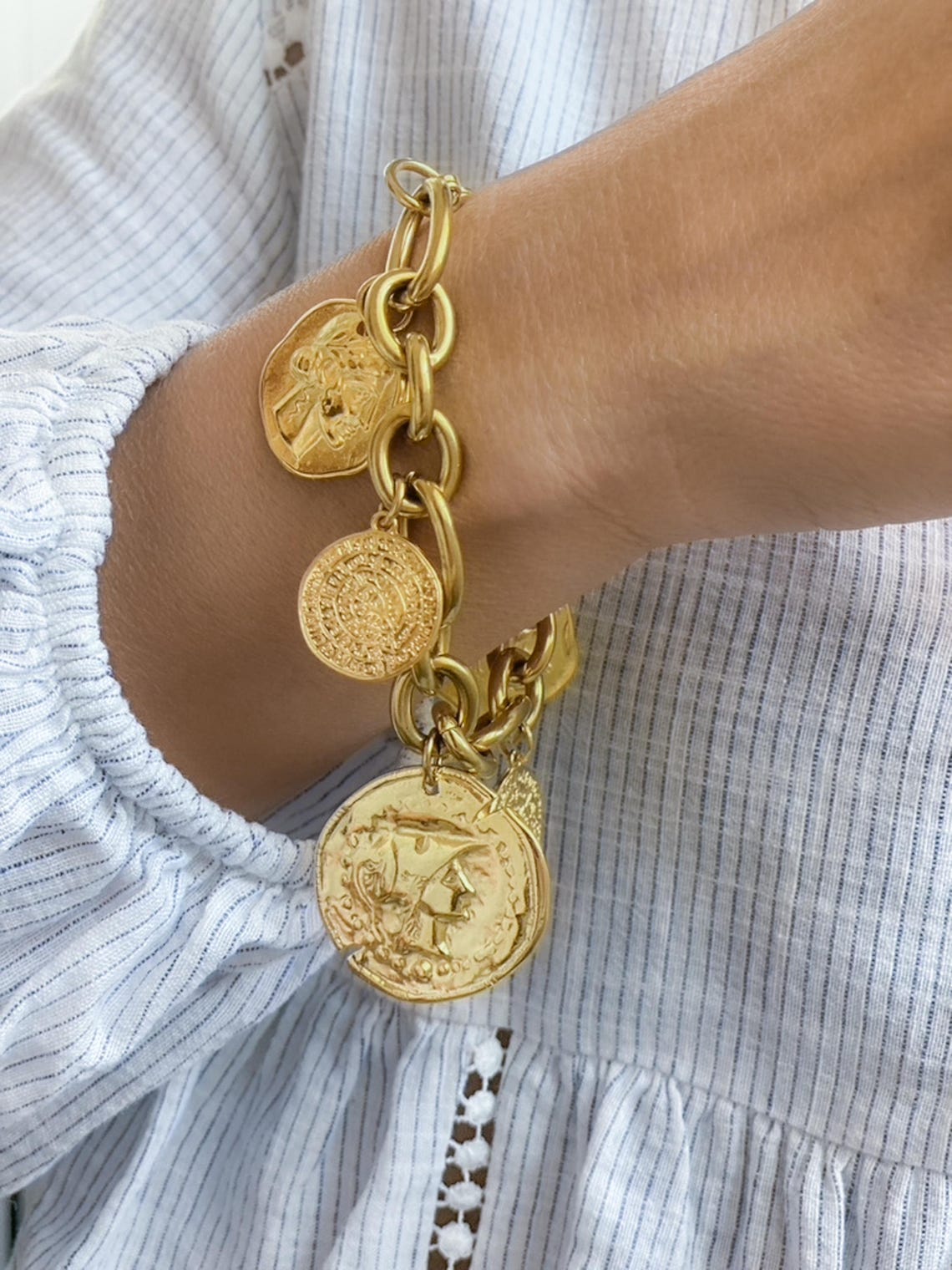 Chunky Gold Charm Bracelet With Coins, Statement Thick Chain Bracelet ...