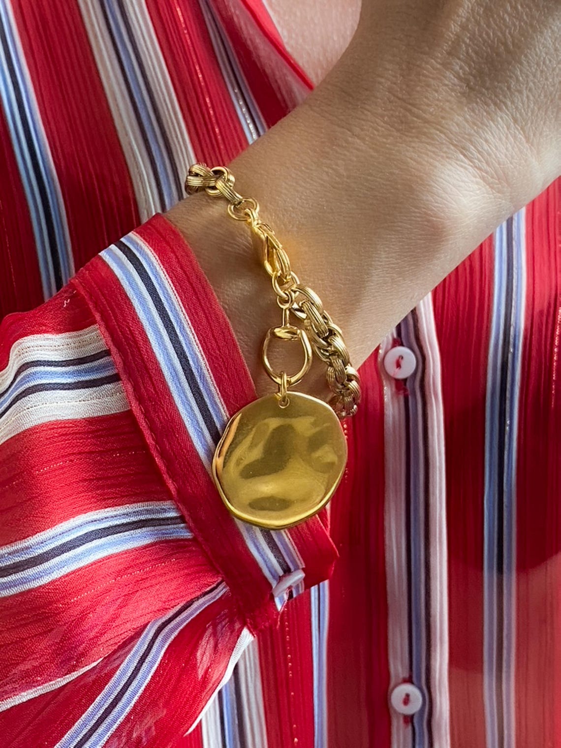 Chunky Gold Charm Bracelet With Big Round Coin, Oversized Bracelet ...