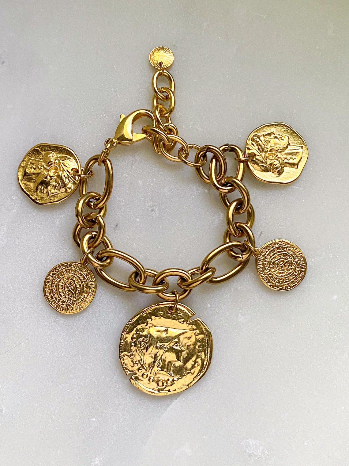 Chunky Gold Charm Bracelet With Coins, Statement Thick Chain Bracelet ...