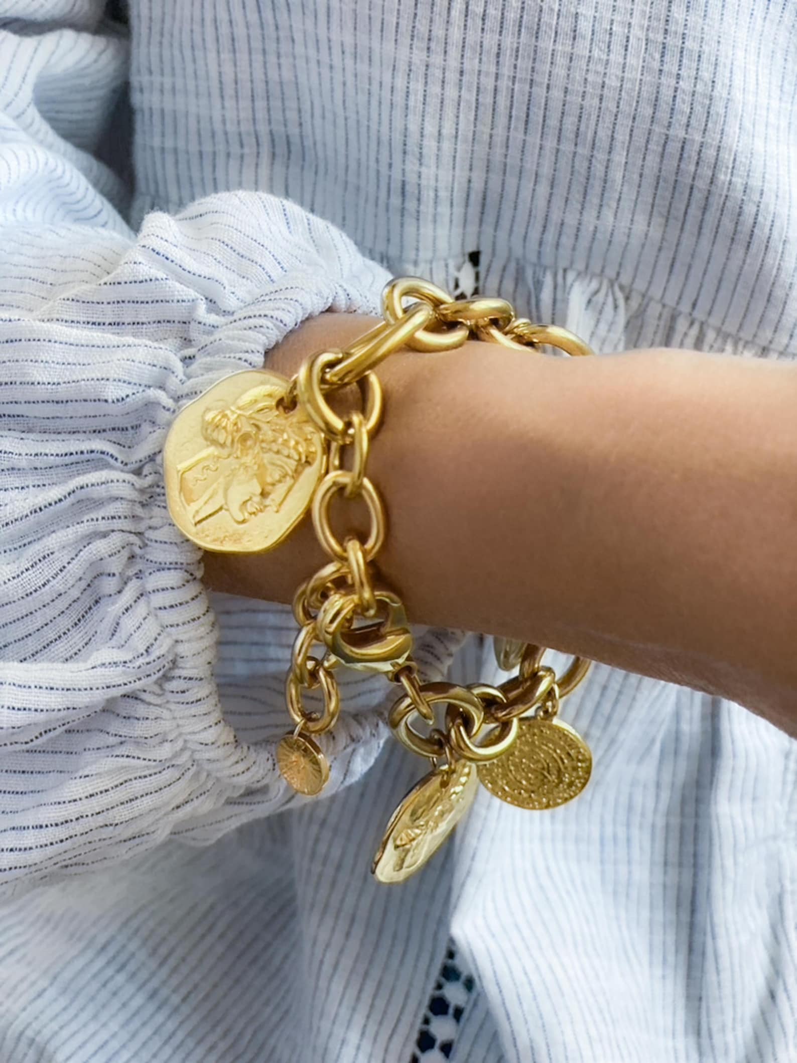 Chunky Gold Charm Bracelet With Coins, Statement Thick Chain Bracelet ...