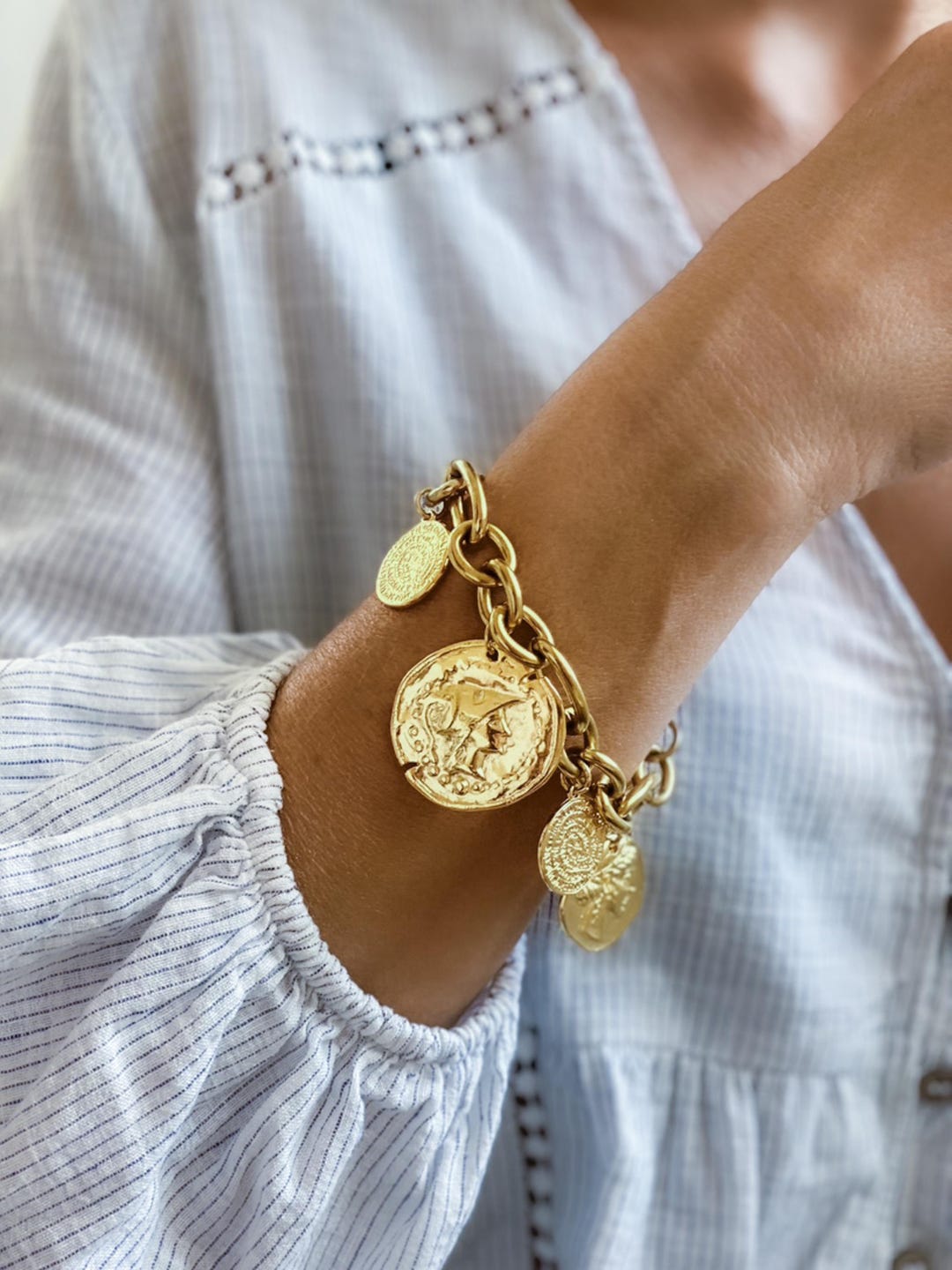 Chunky Gold Charm Bracelet With Coins, Statement Thick Chain Bracelet ...