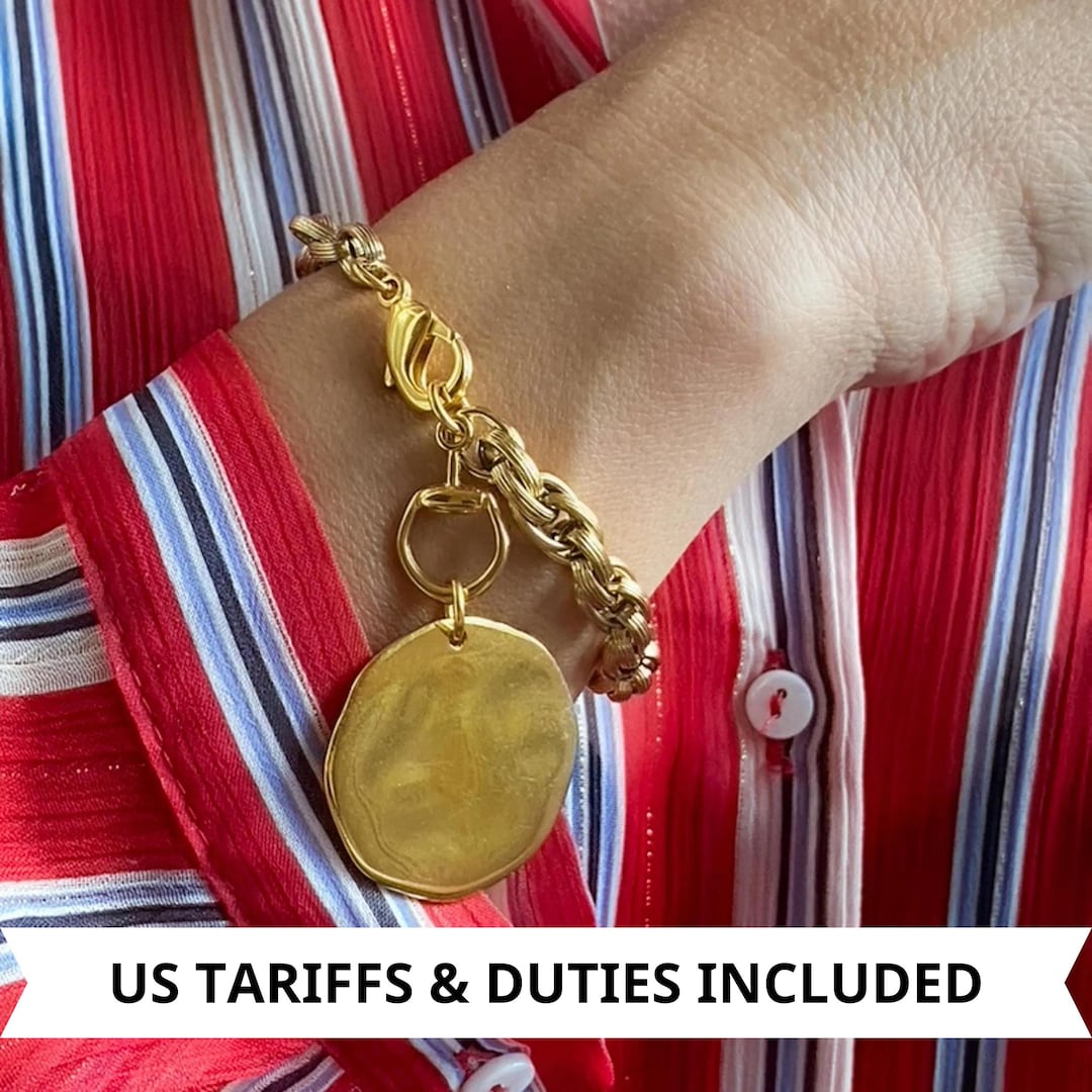 Chunky Gold Charm Bracelet With Big Round Coin, Statement Thick Chain ...