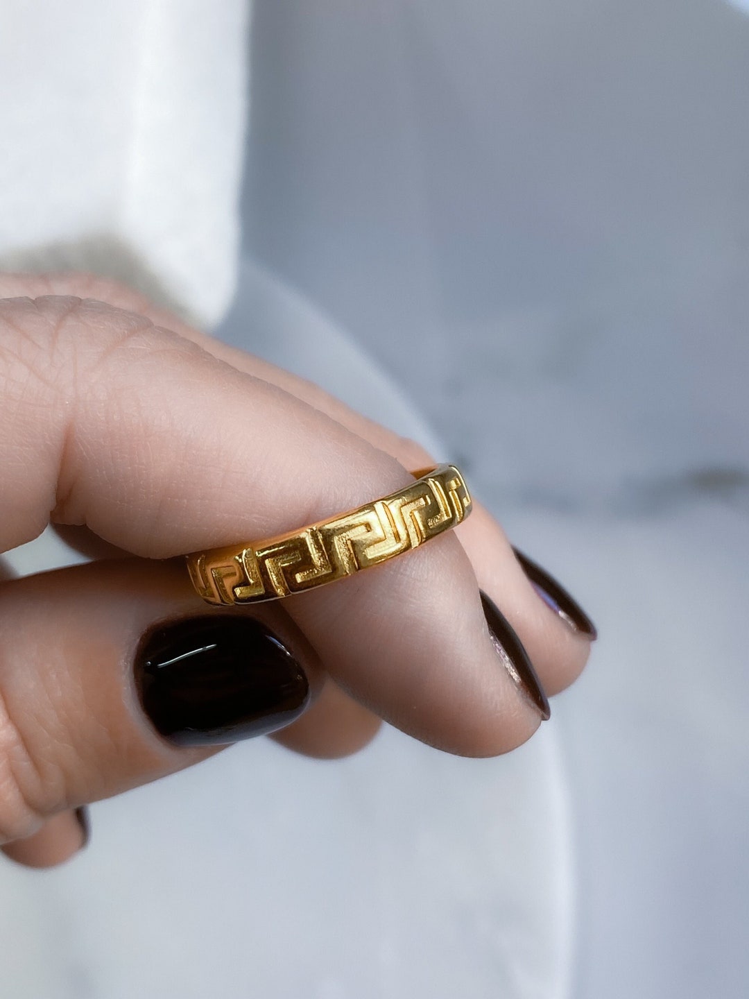 MEANDER Gold Band Ring, Ancient Greek Pattern Ring, Elegant Boho Chic ...