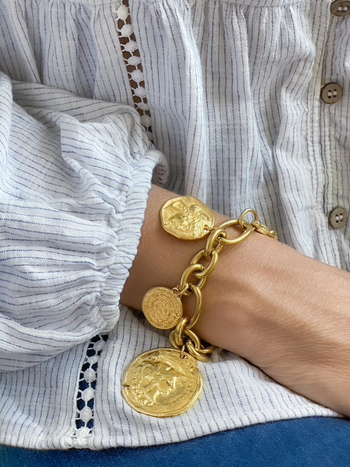 Chunky Gold Charm Bracelet With Coins, Statement Thick Chain Bracelet ...