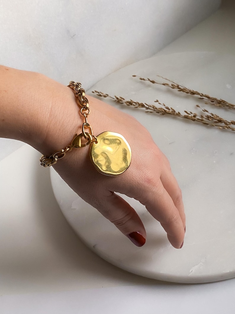 Chunky Gold Charm Bracelet With Big Round Coin, Statement Thick Chain ...
