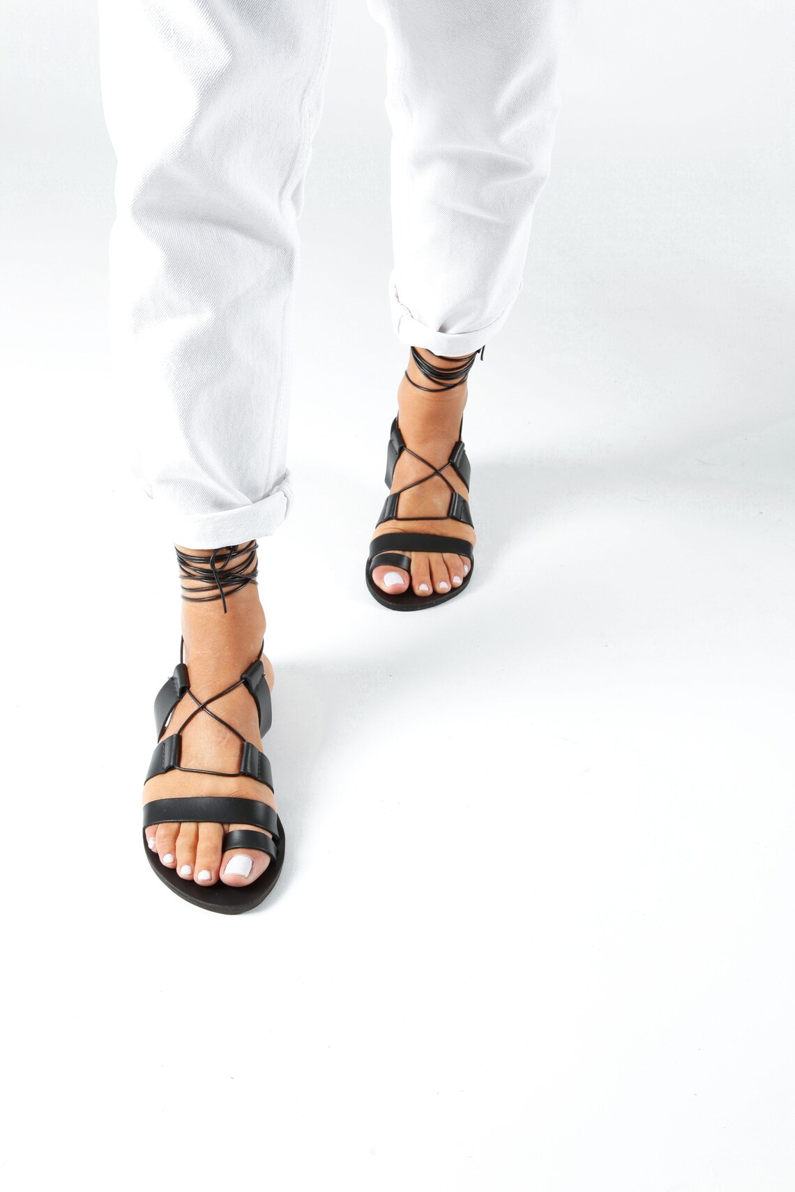 NEFELI Black Greek Leather Sandals Lace up Gladiator - Etsy