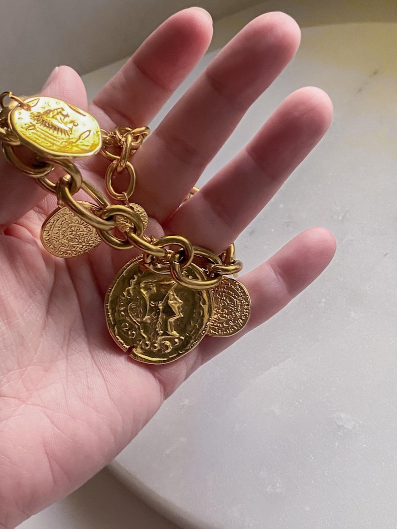 Chunky Gold Charm Bracelet With Coins, Statement Thick Chain Bracelet ...