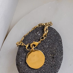 Chunky Gold Charm Bracelet With Big Round Coin, Statement Thick Chain ...