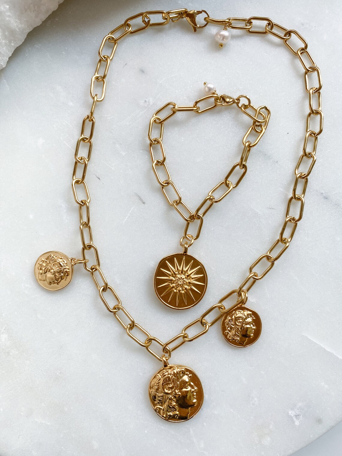 Big Gold Coin Bracelet, ALEXANDER Greek Charm Bracelet, Chunky Greek ...