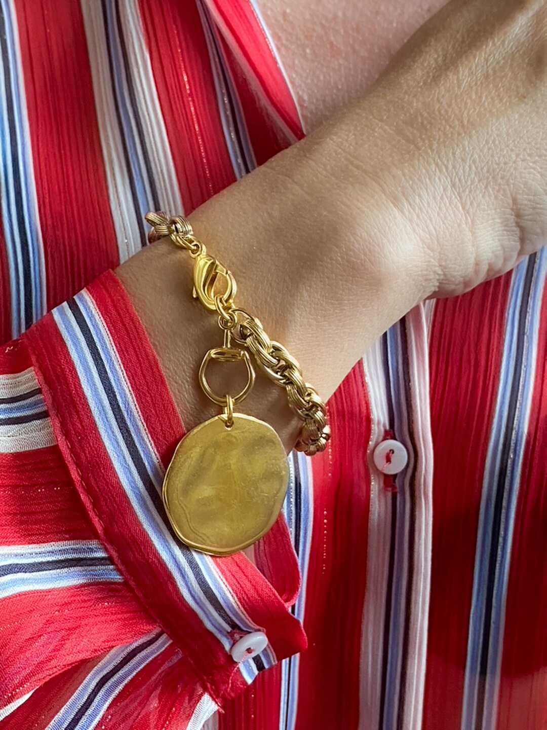 Chunky Gold Charm Bracelet With Big Round Coin, Statement Thick Chain ...