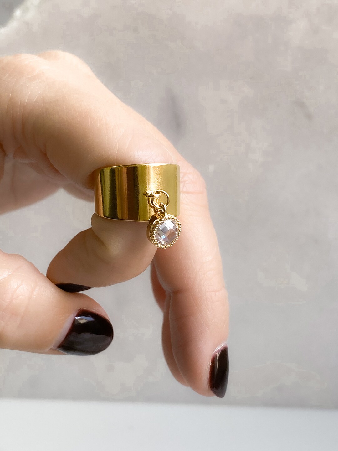 Wide Flat Band Ring With Zircon Diamond Charm, Statement Engagement ...