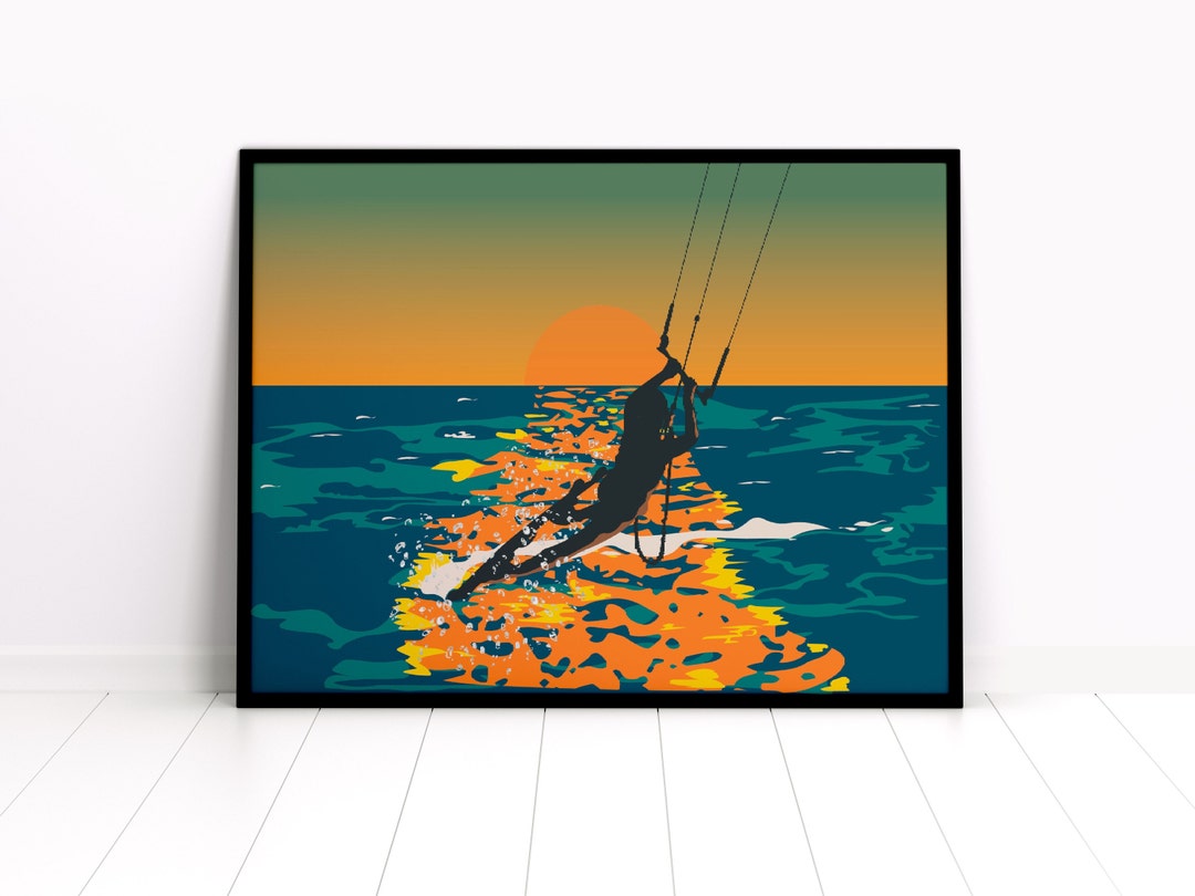 Kitesurfing Sunset Art Print, Ocean Beach Poster (digital Download) - Etsy