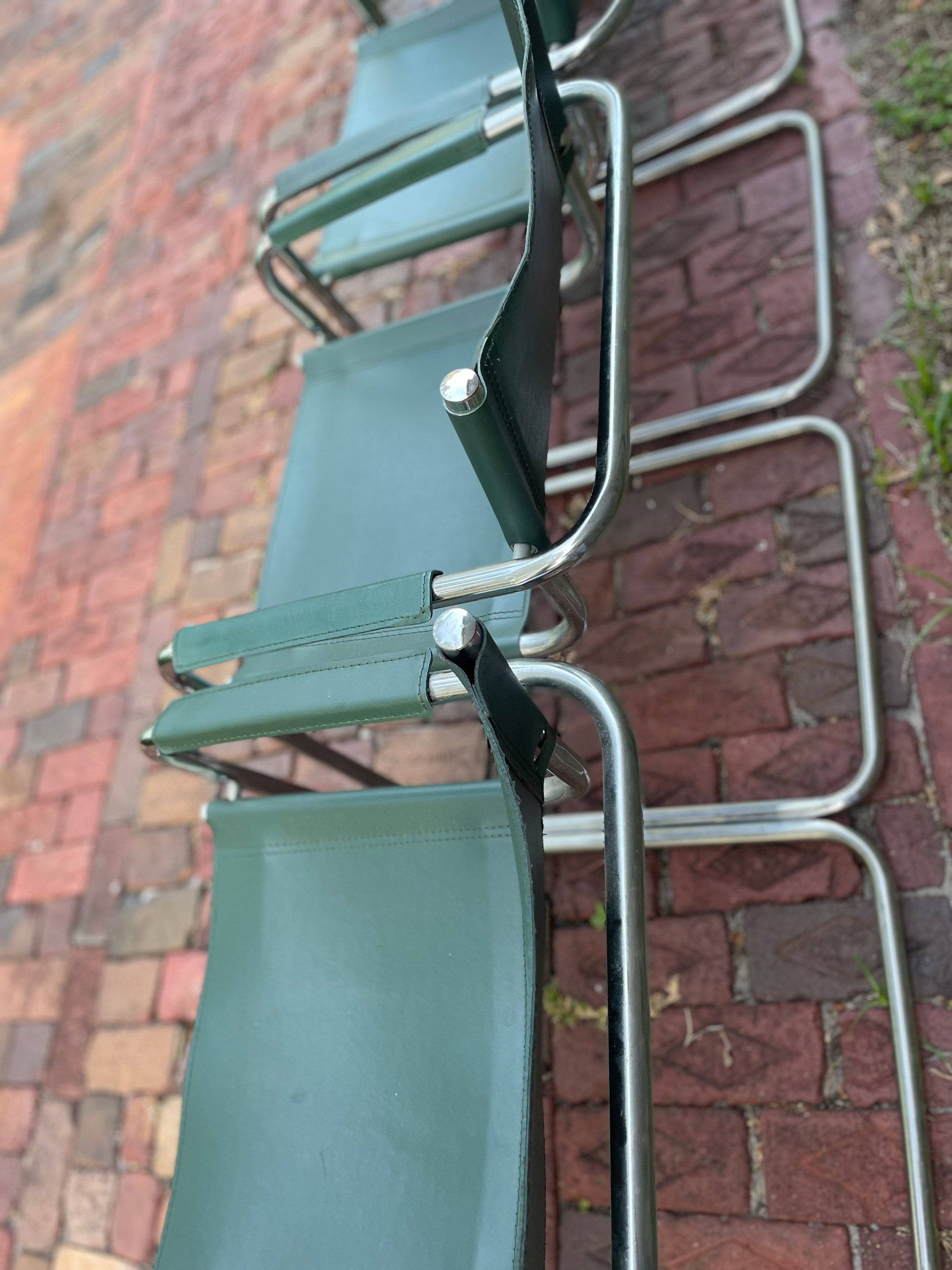 Set of Six Cantilever Green Leather and Chrome Chairs in the Style of ...