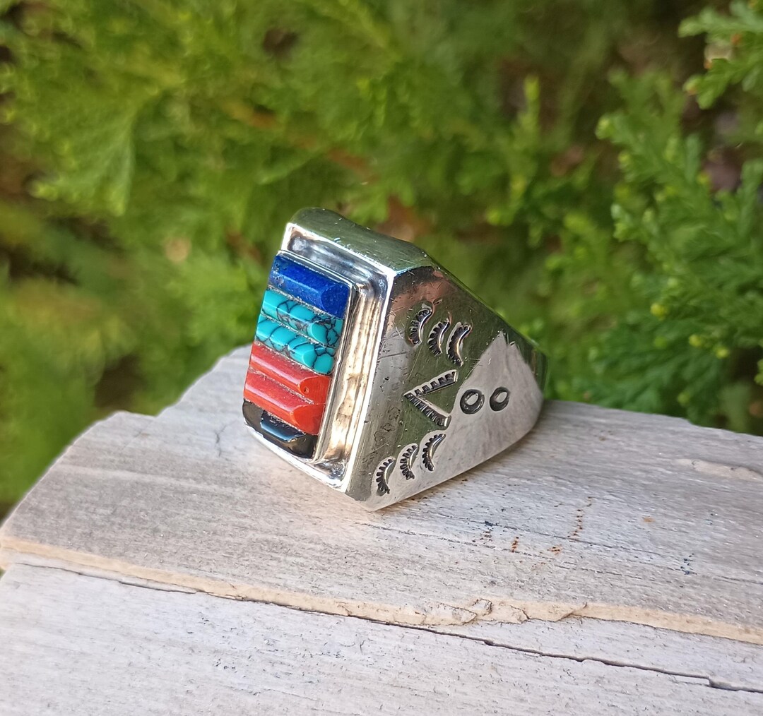 Sterling Silver Men's Cornrow Inlay Ring Vintage Native American 925 ...