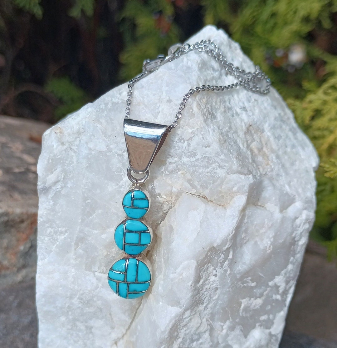 RC Sterling Silver Inlay Pendant & Chain, Turquoise Stones, Native ...
