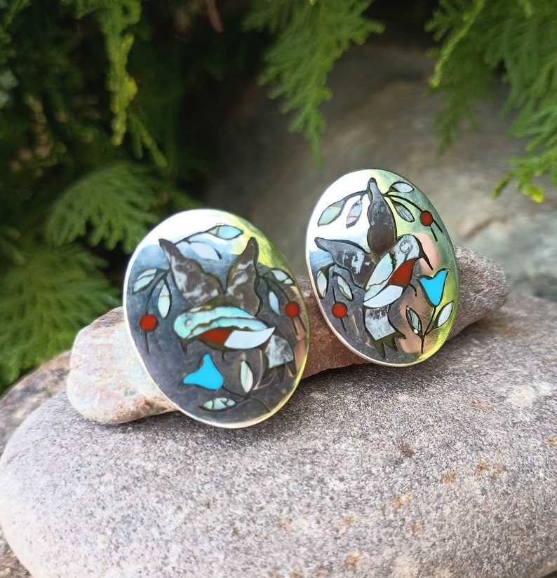 BH Sterling Silver Inlaid Earrings, Zuni Native American Signed Piece ...